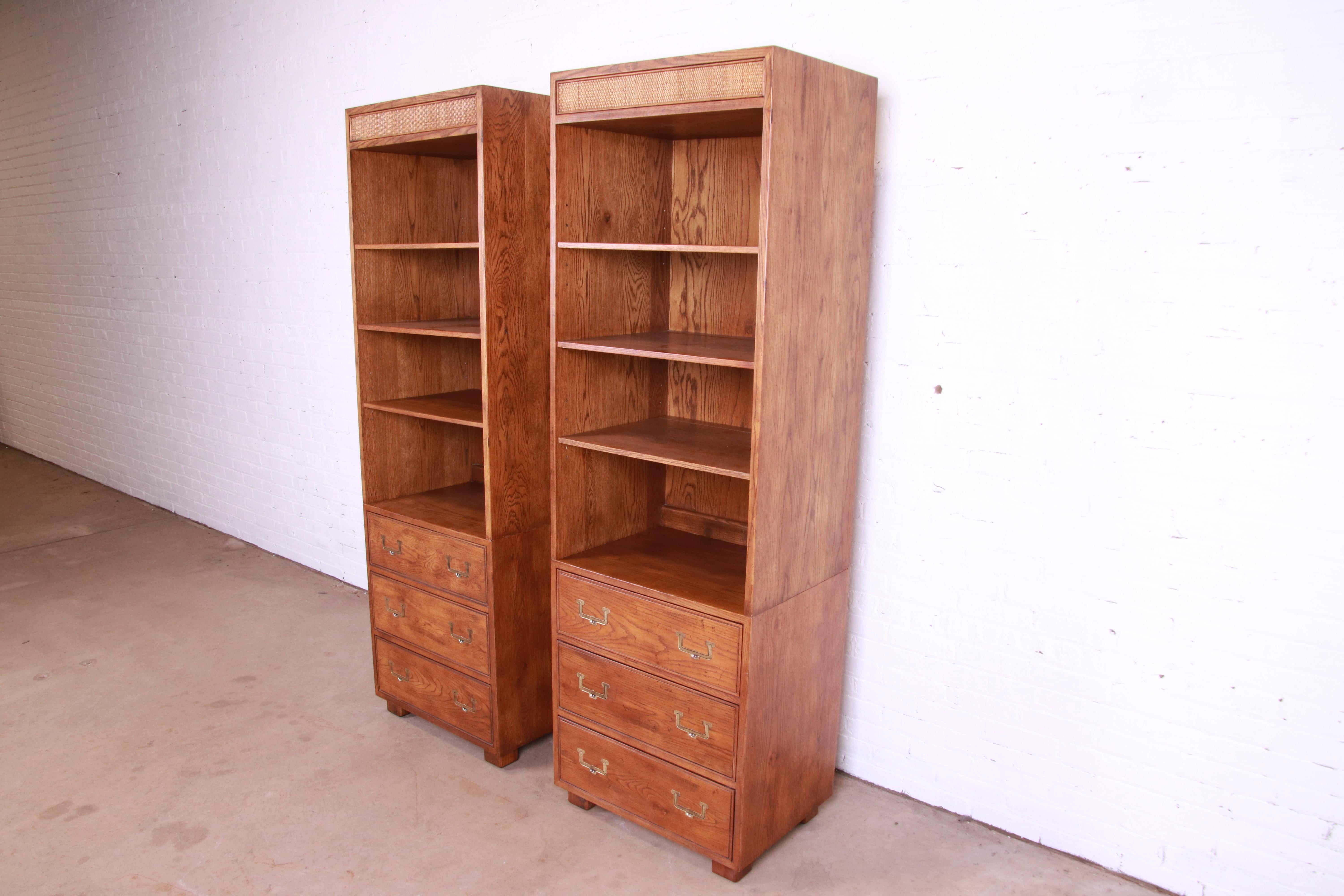Henredon Mid-Century Modern Campaign Oak and Cane Bookcases on Chests ...