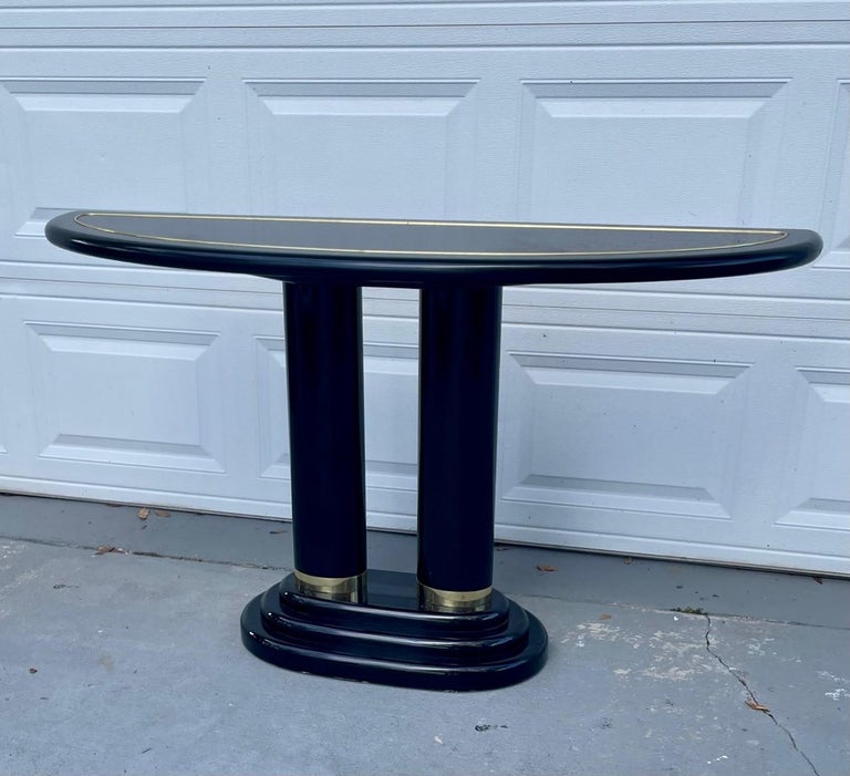 Henredon Scene Three Burl Wood and Black Lacquer Demilune Console Table ...