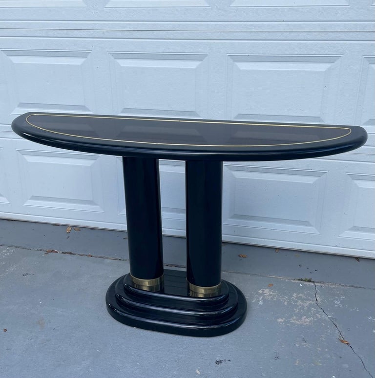 Henredon Scene Three Burl Wood and Black Lacquer Demilune Console Table ...