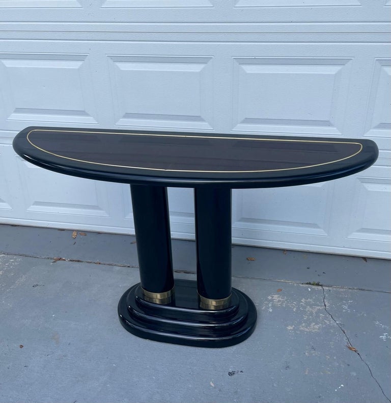 Henredon Scene Three Burl Wood and Black Lacquer Demilune Console Table ...