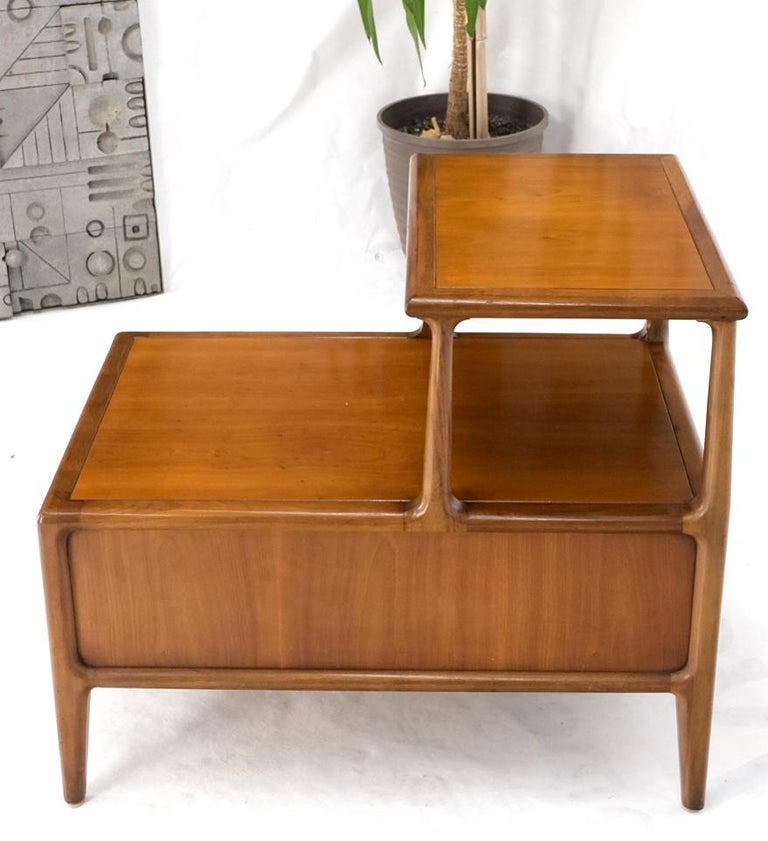 Henredon Solid Walnut Sculptural Two Tier One Drawer Step Side Table ...