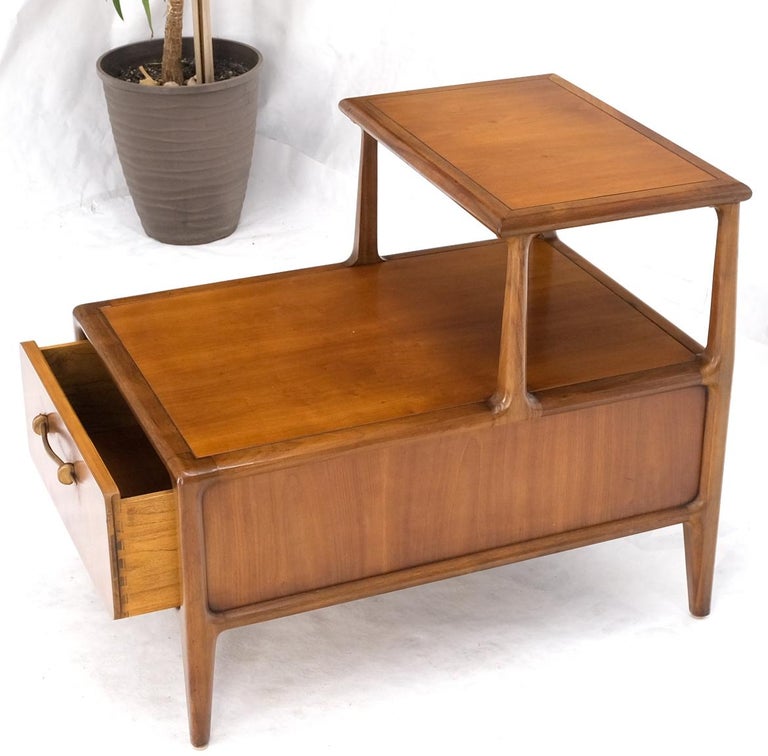 Henredon Solid Walnut Sculptural Two Tier One Drawer Step Side Table ...