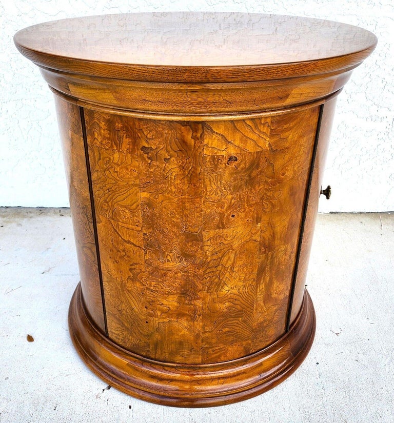 Henredon Style Drum Side Table Burl at 1stDibs