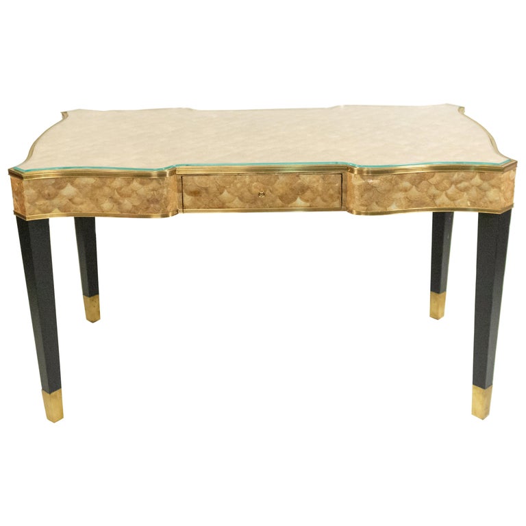 Henredon Veneer Shell Desk with Glass Top For Sale at 1stDibs