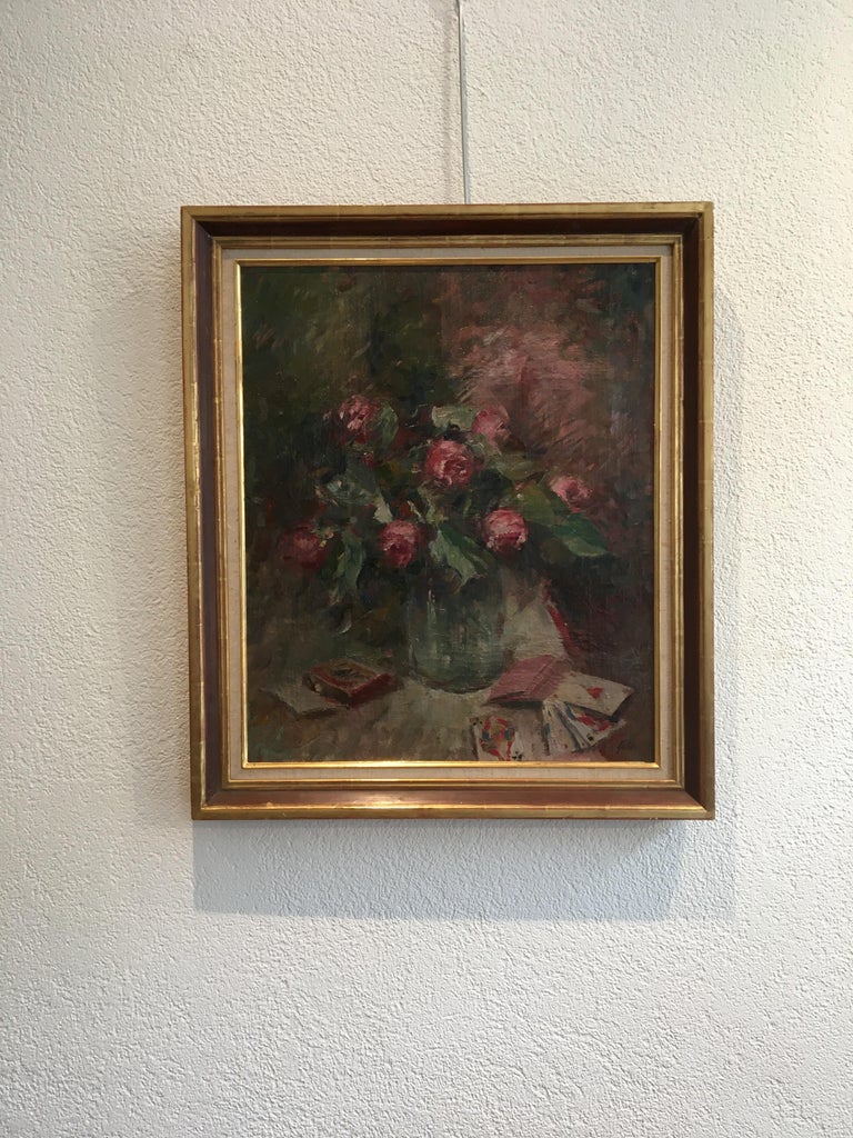 Henri Fehr - Still life with vase of roses and deck of cards For Sale ...