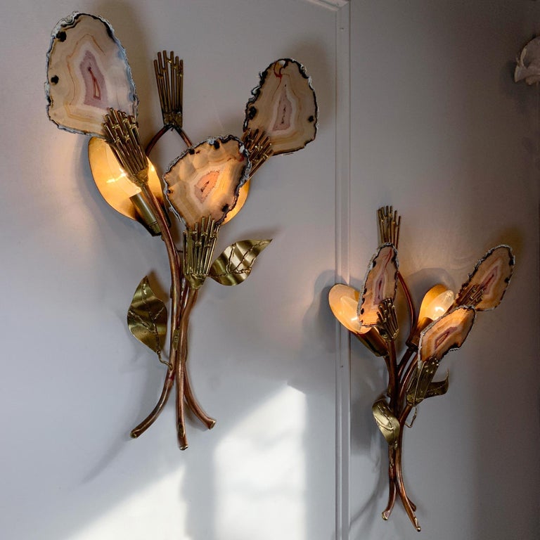Henri Fernandez Signed Agate and Brass Wall Lights For Sale at 1stDibs