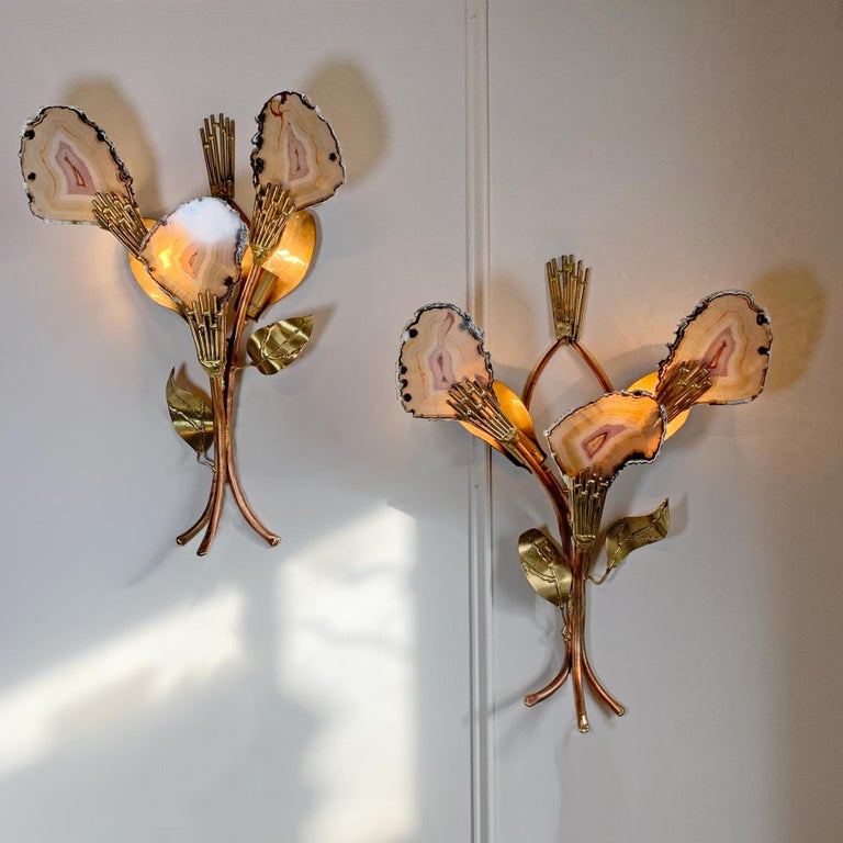 Henri Fernandez Signed Agate and Brass Wall Lights For Sale at 1stDibs