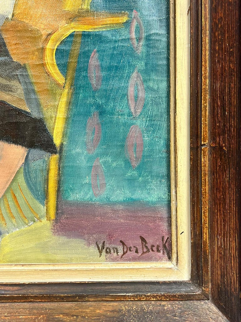 Henri Van Der Beck - 1930's French Cubist Signed Oil Lady in Red Seated ...