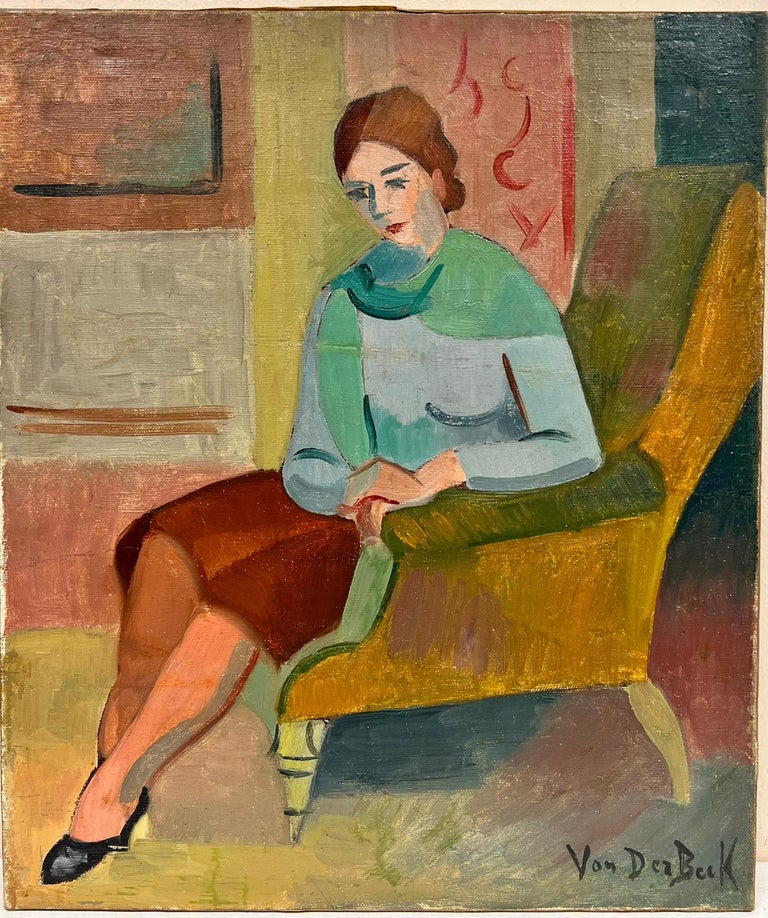 Henri Van Der Beck - 1930's French Cubist Signed Oil Lady in Red Seated ...