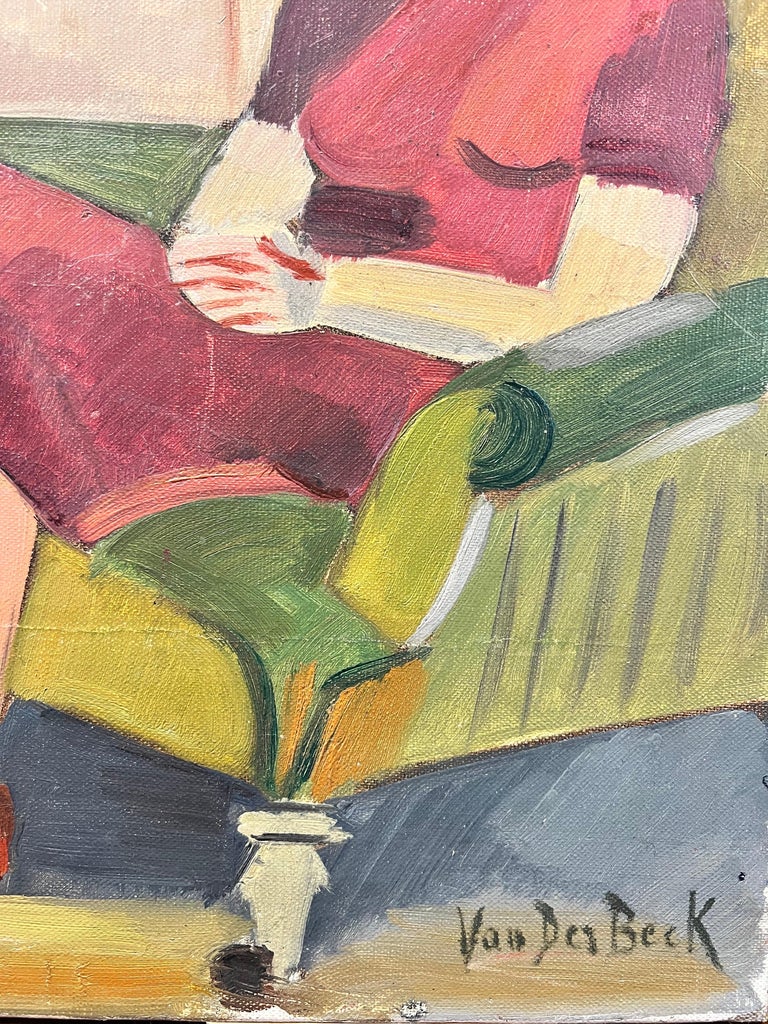 Henri Van Der Beck - 1930's French Cubist Signed Oil Lady in Red Seated ...