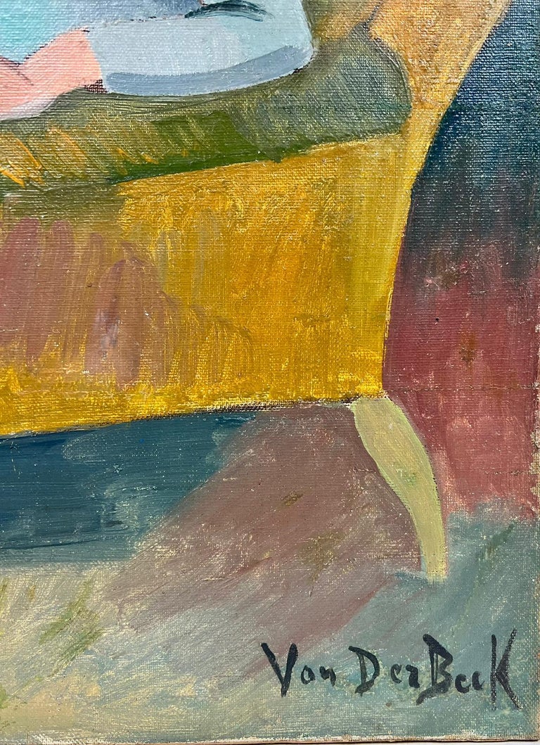 Henri Van Der Beck - 1930's French Cubist Signed Oil Lady in Red Seated ...