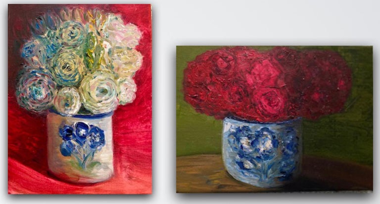 Henrietta Caledon - Red Roses in Delft pot and Summer Roses For Sale at ...