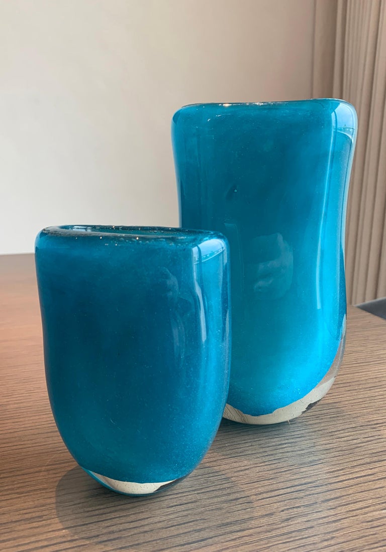 Henry Dean 1970 Belgian Turquoise Art Glass Vase Set of 2 For Sale at ...