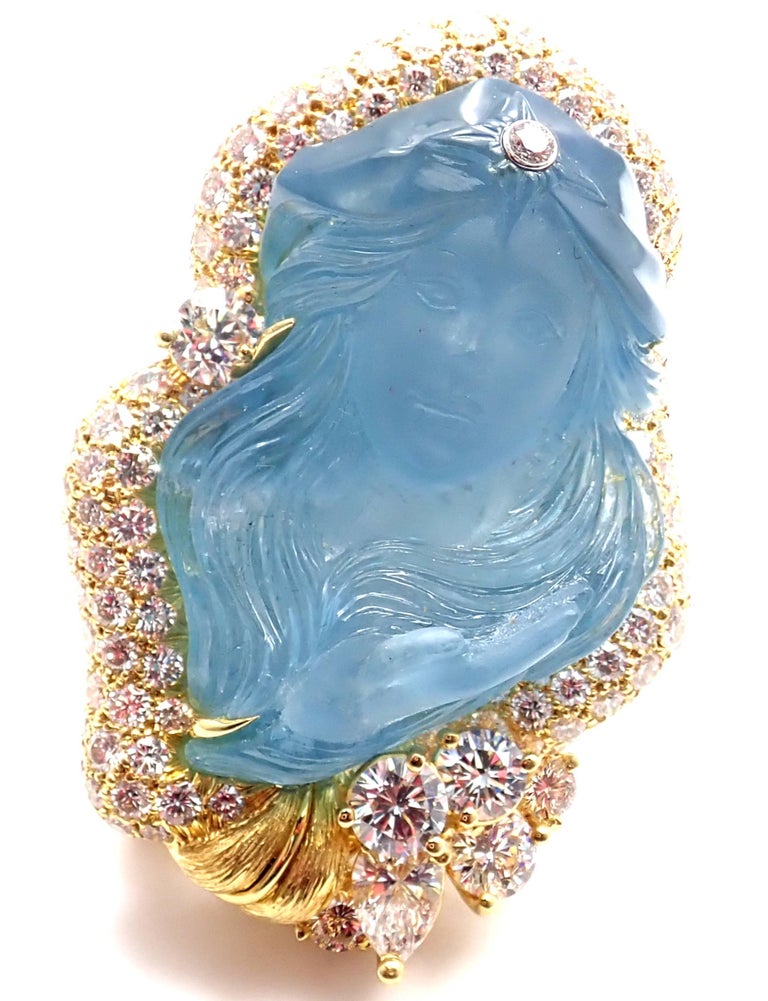 Henry Dunay Diamond Large Carved Aquamarine Yellow Gold Pin Brooch at ...