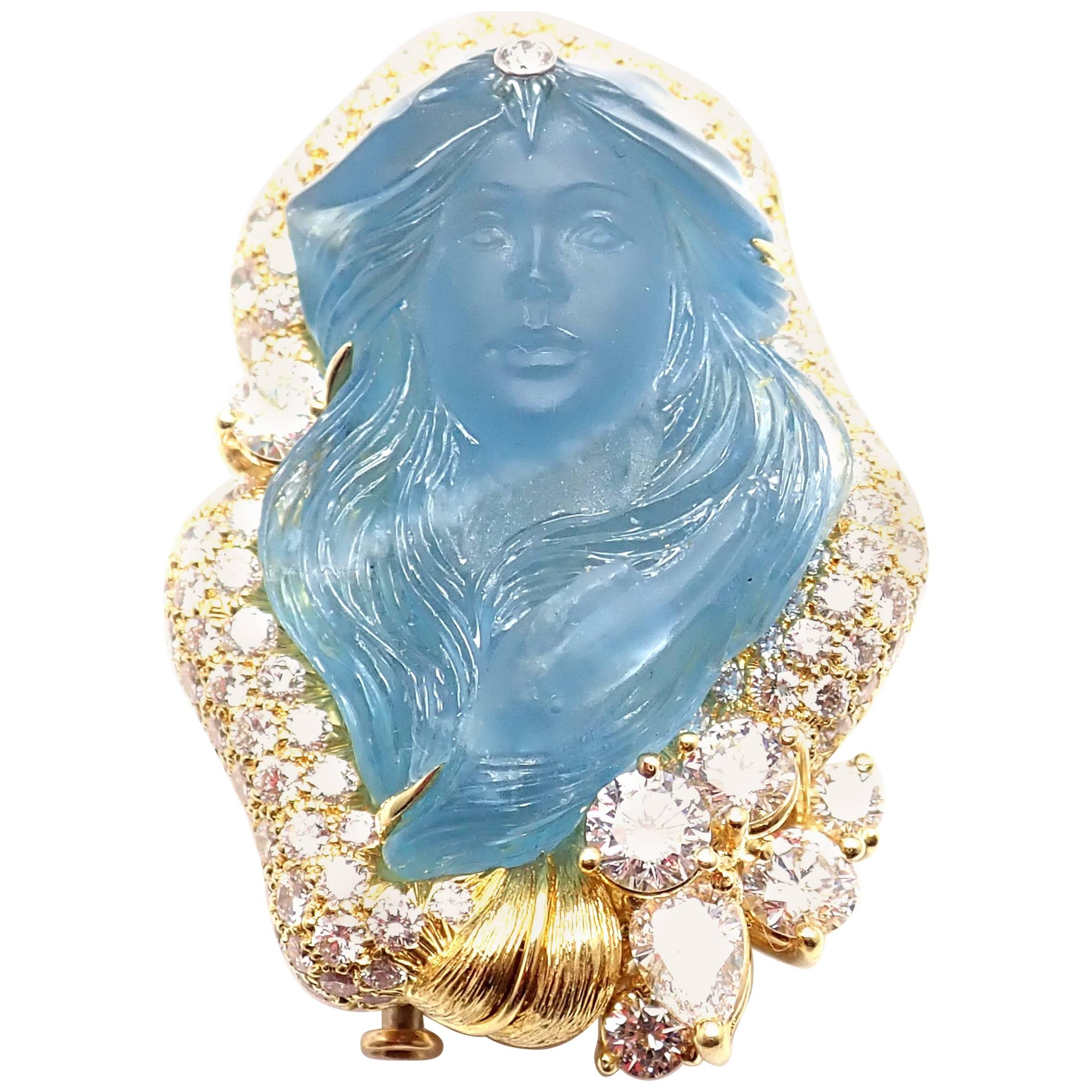 Henry Dunay Diamond Large Carved Aquamarine Yellow Gold Pin Brooch at ...