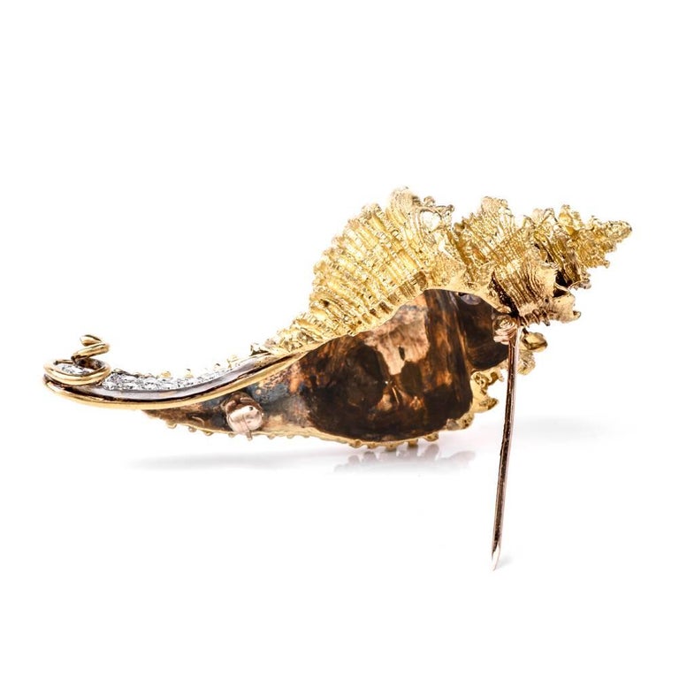Henry Dunay Estate Yellow Gold Diamond Conch Shell Pin Brooch at 1stDibs
