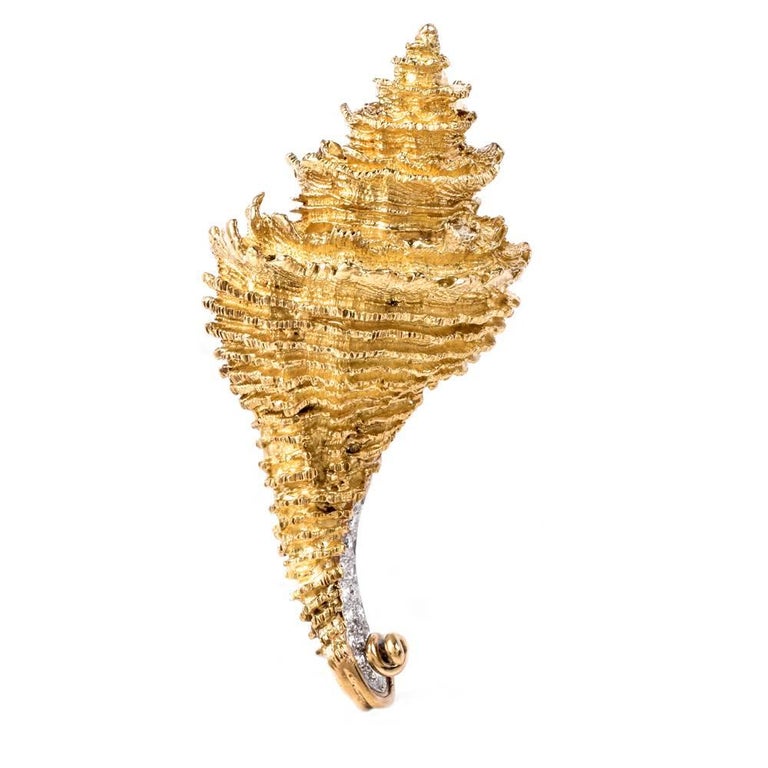 Henry Dunay Estate Yellow Gold Diamond Conch Shell Pin Brooch at 1stDibs
