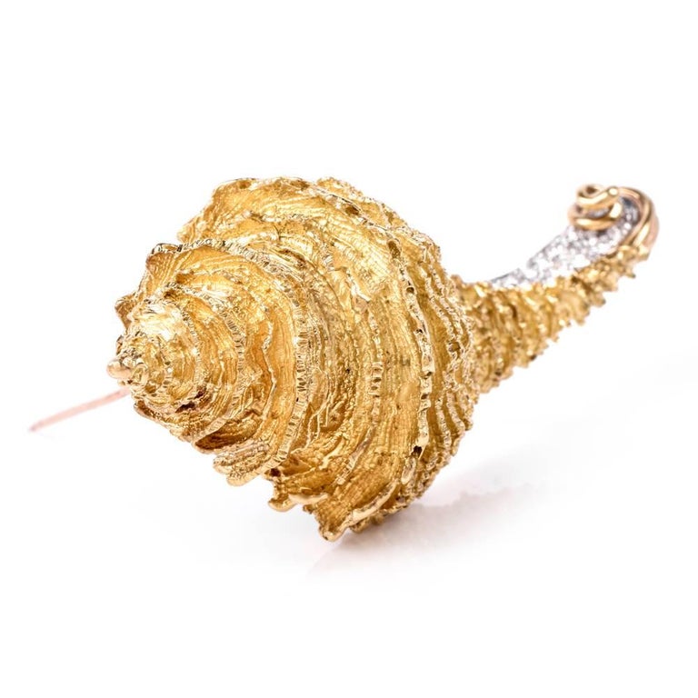 Henry Dunay Estate Yellow Gold Diamond Conch Shell Pin Brooch at 1stDibs