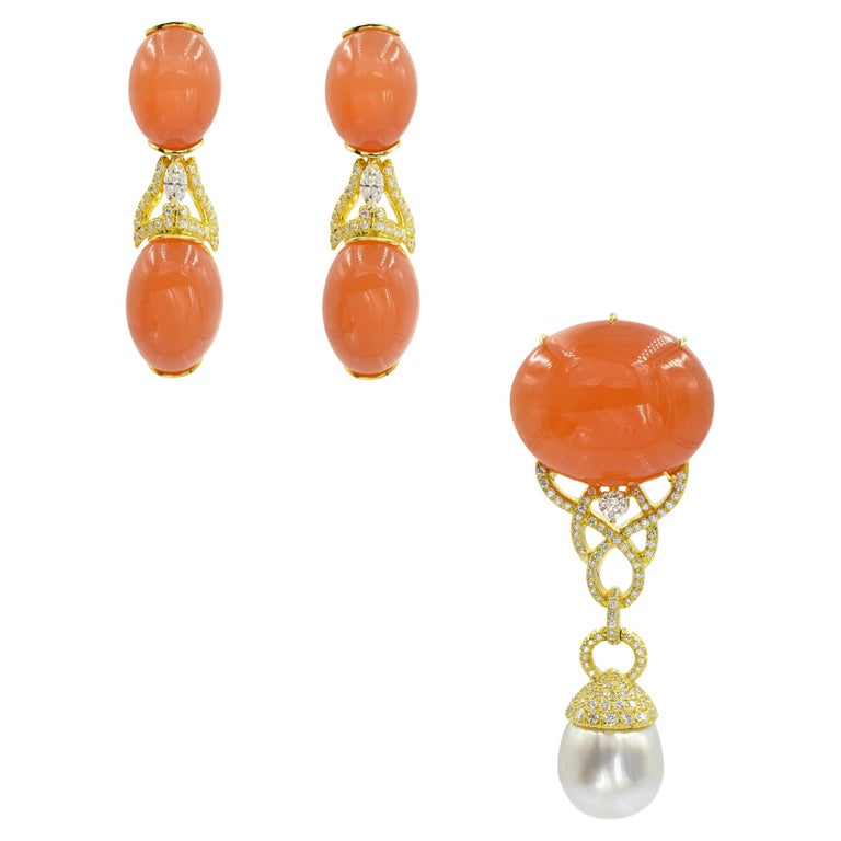 Henry Dunay Tangerine Moonstone and Diamond Earrings and a Brooch Set ...