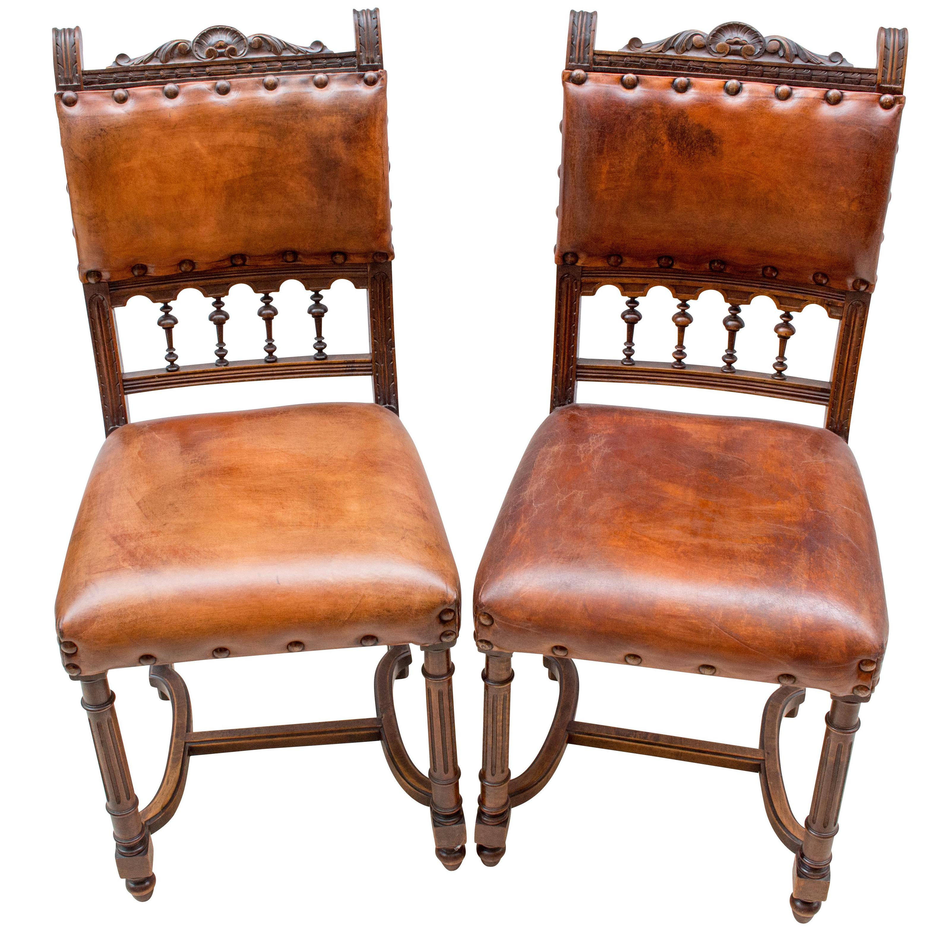 Henry II Walnut Leather Chairs, a Set of Two at 1stDibs