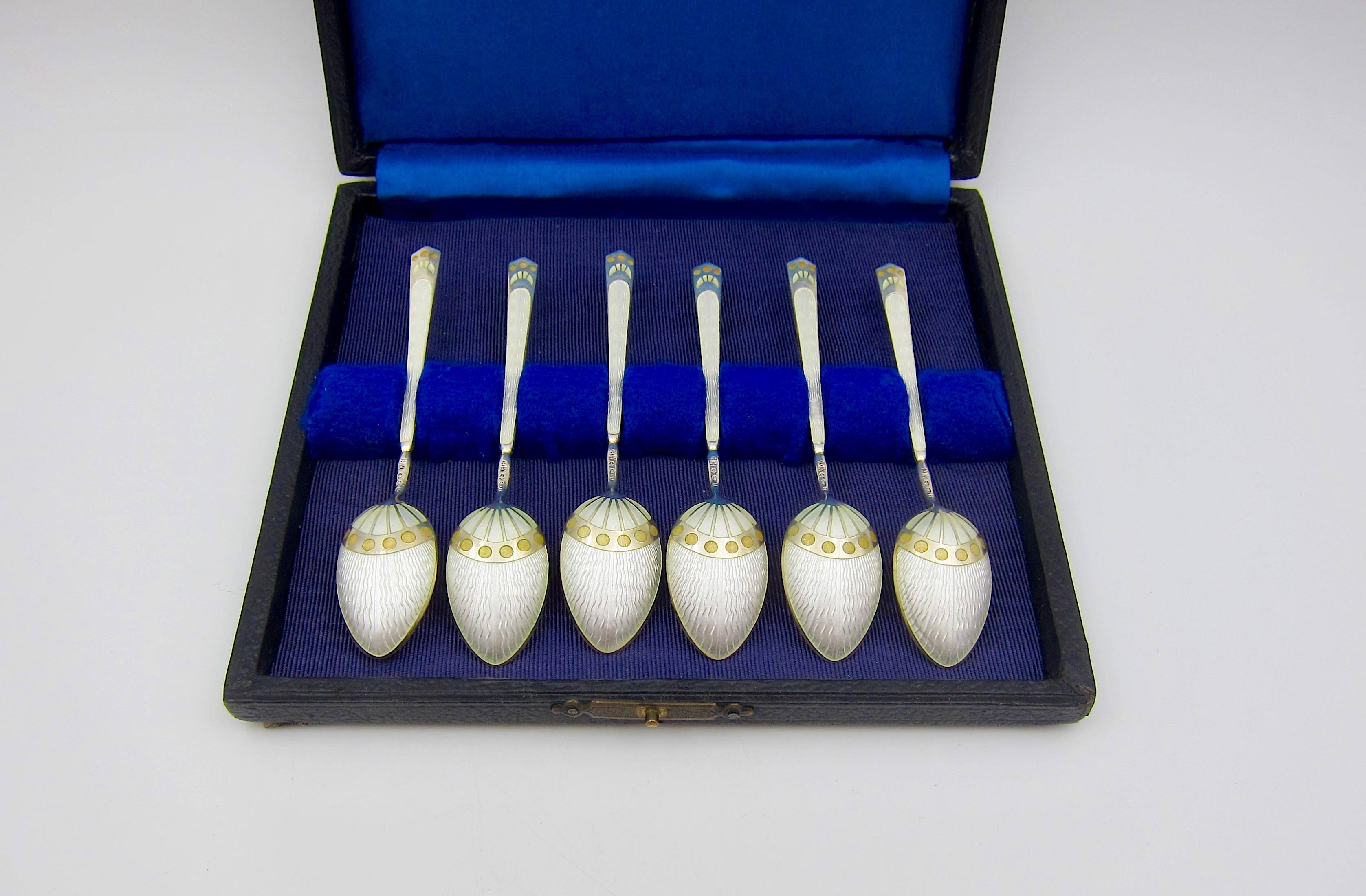 Art Deco Sterling Silver Enamel Spoon Boxed Set by Henry James Hulbert ...