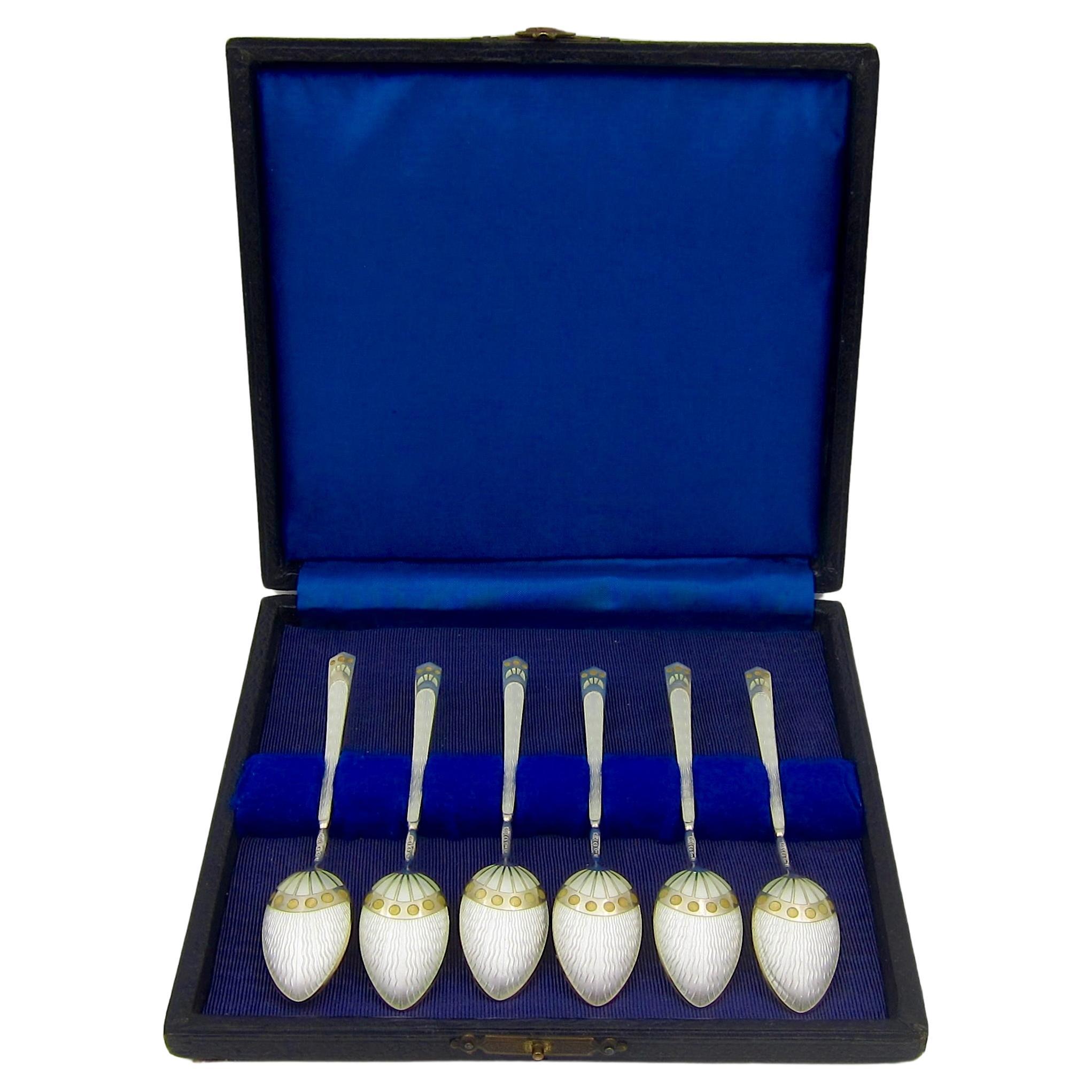 Art Deco Sterling Silver Enamel Spoon Boxed Set by Henry James Hulbert ...