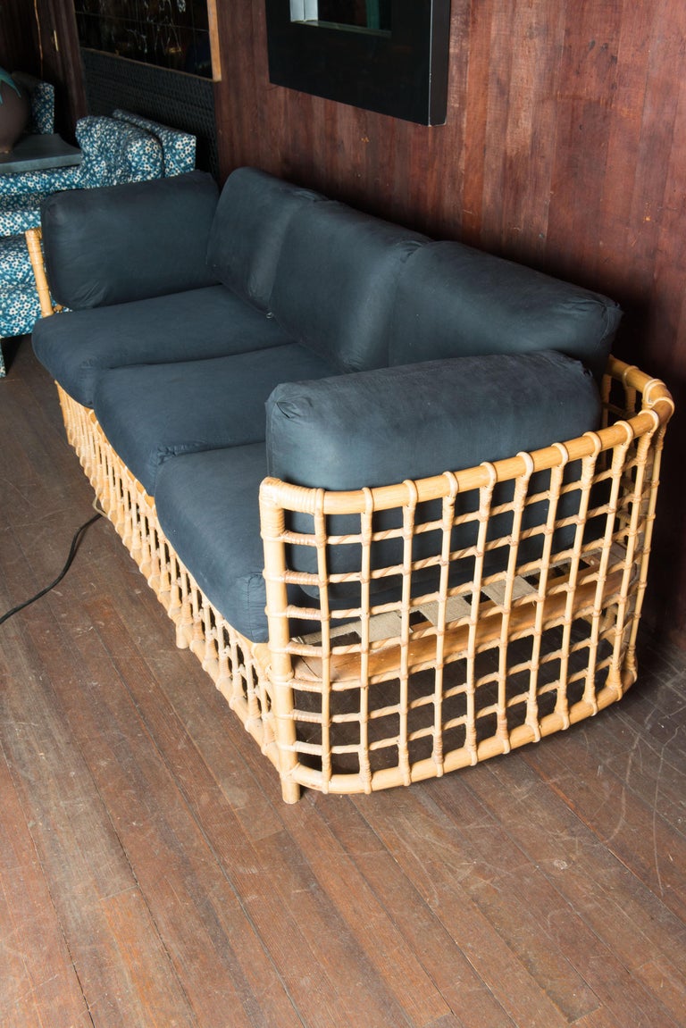 Henry Olko Mid Century Modern Square Series Rattan Sofa For Sale at 1stDibs