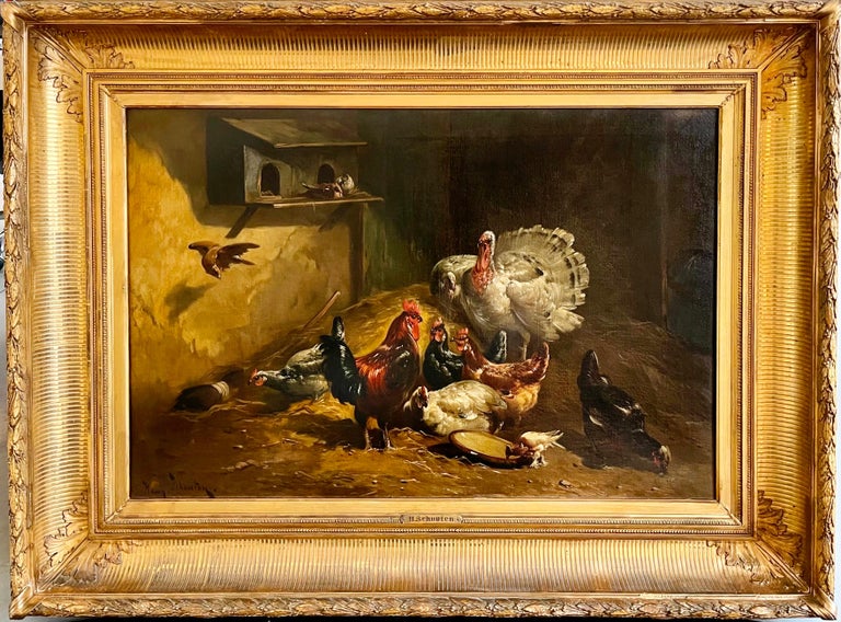 Henry Schouten - Large 19th century romantic painting Roosters, turkeys ...
