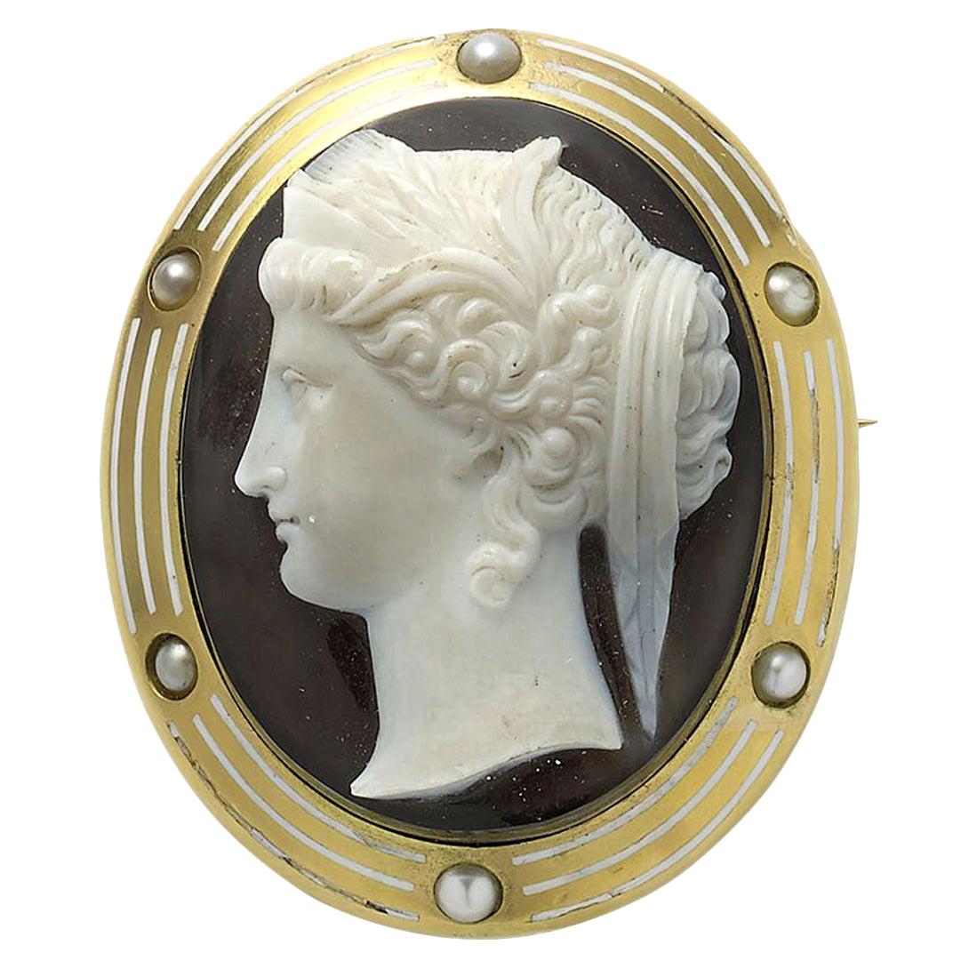 Fine French Antique Cameo Black Enamel Pearl 18 Karat Rose Gold Brooch ...