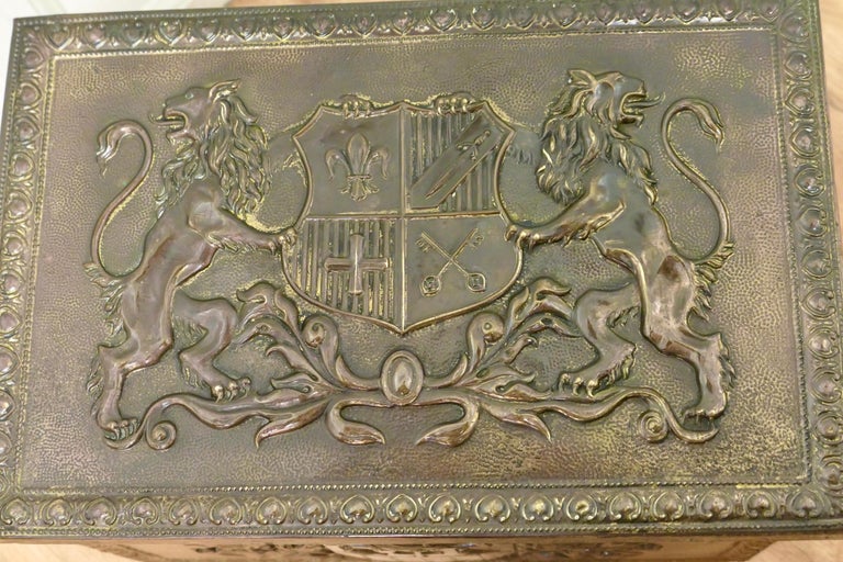 Heraldic Embossed Brass Log Box, with Coats of Arms For Sale at 1stDibs
