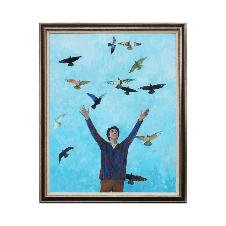 Herb Mears - "Flight" Blue Abstract Figurative Painting of a Man with ...