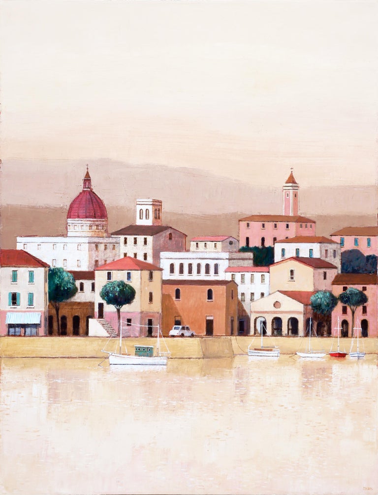 Herb Mears - "Harbor Scene with Village" Brown and Pink Toned Venice ...