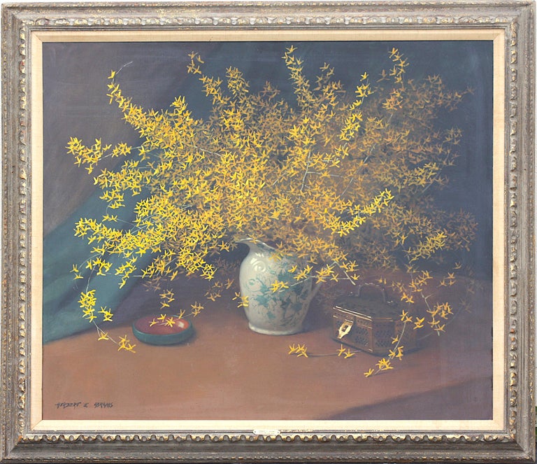 Herbert E. ABRAMS Forsythia and Blue Painting, Oil on Canvas For Sale ...