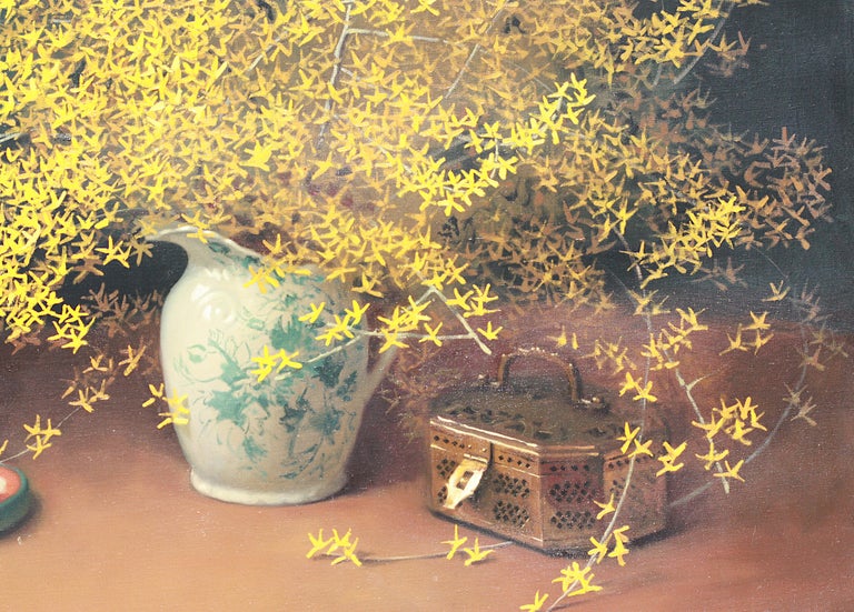 Herbert E. ABRAMS Forsythia and Blue Painting, Oil on Canvas For Sale ...