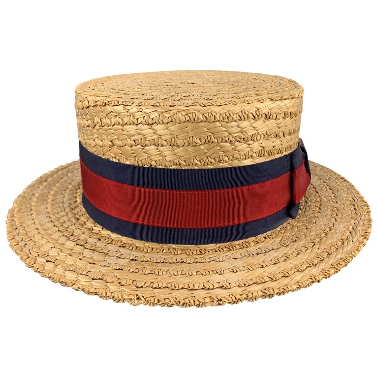 HERBERT JOHNSON Size 7 1/8 Straw Woven Red and Navy Grosgrain Boater ...