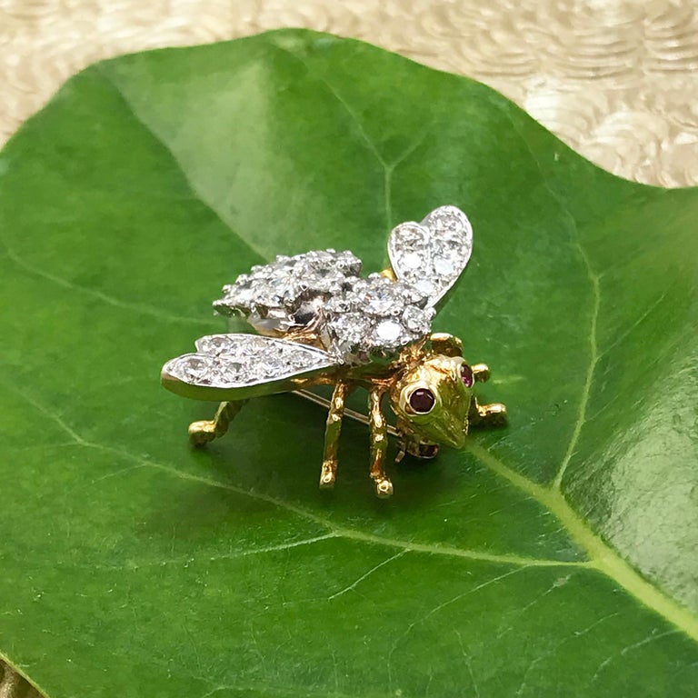 Herbert Rosenthal 18 Karat Two-Tone Diamond Ruby Bee Brooch Pin For ...