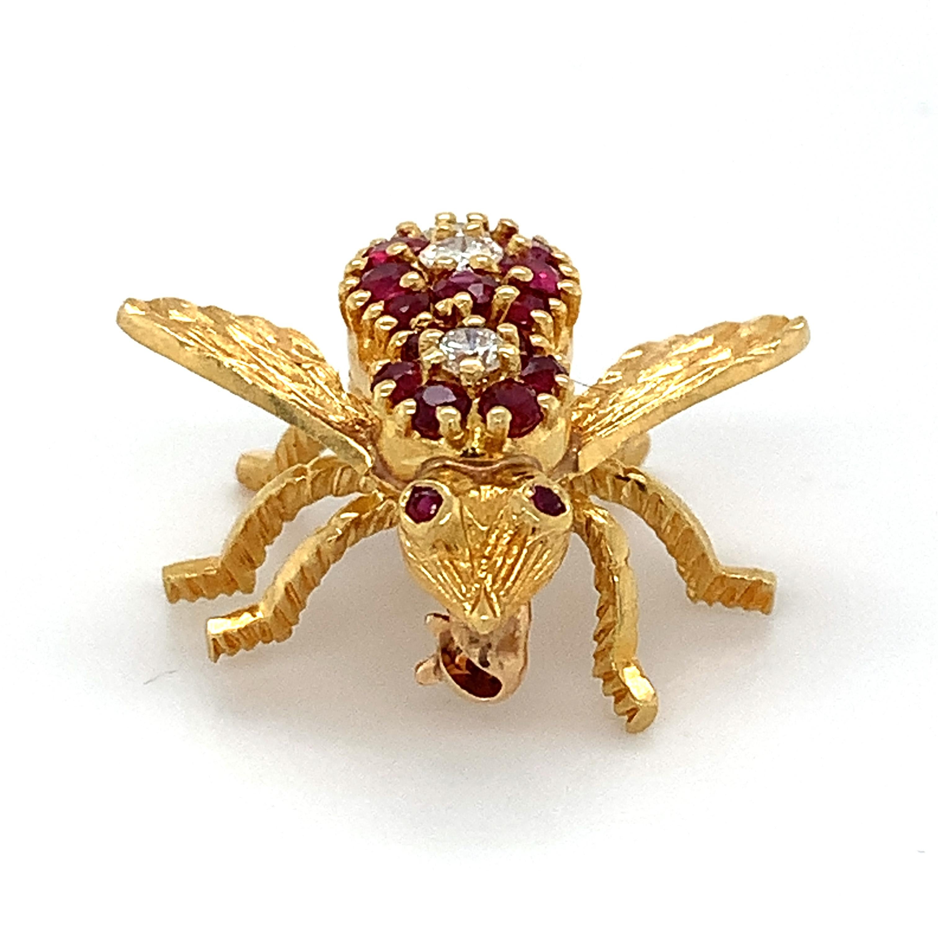 Herbert Rosenthal 18k Yellow Gold Round White Diamond and Red Ruby Bee ...