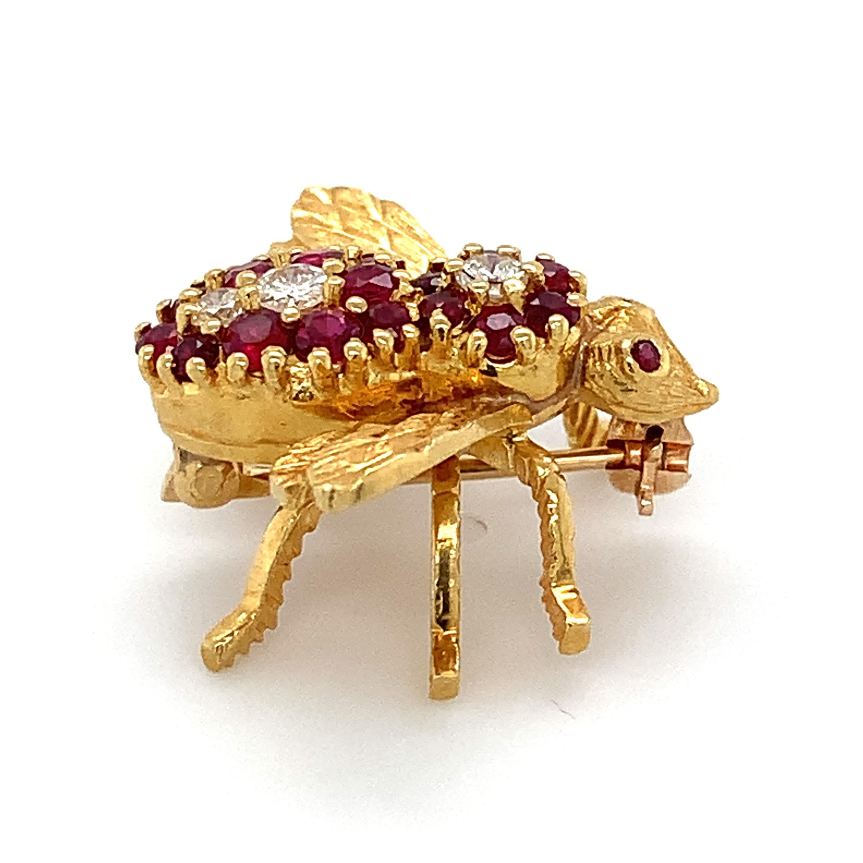 Herbert Rosenthal 18k Yellow Gold Round White Diamond and Red Ruby Bee ...