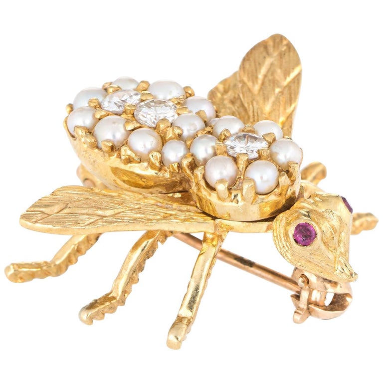 Herbert Rosenthal Bee Brooch Pin Pearl Diamond Vintage 18 Karat Gold ...