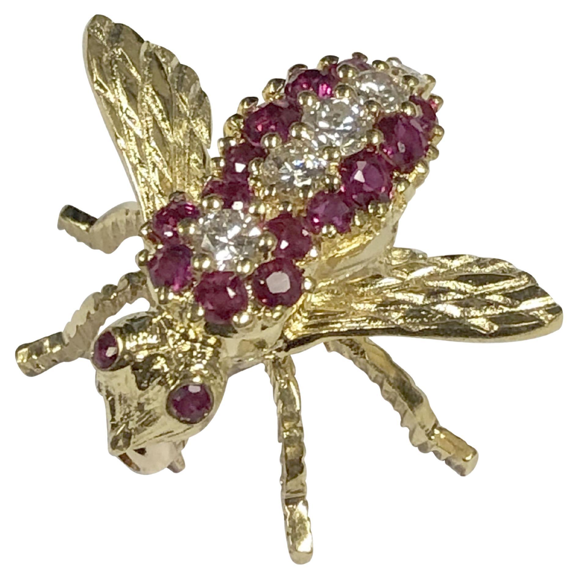 Herbert Rosenthal HR 18k Gold Diamond Bee Pin Brooch Ruby Eyes 11.4g 1 ...