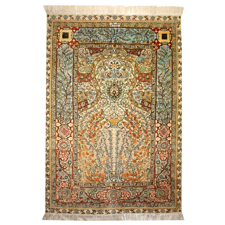 Hereke Design Silk Prayer Souf Rug with Tree of Life and Pomegranates ...