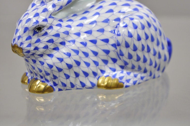 Herend Hungary 15335 Blue White Fishnet Porcelain Bunny Rabbit Laying ...
