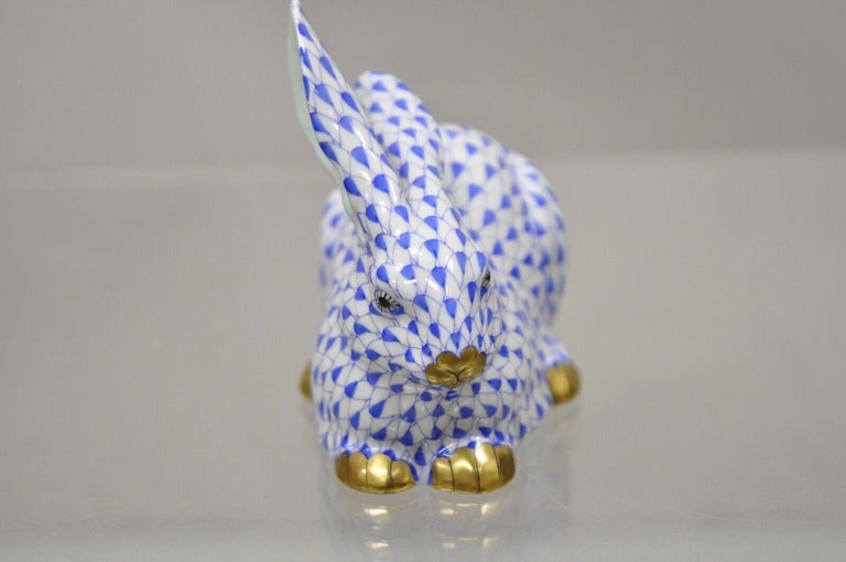 Herend Hungary 15335 Blue White Fishnet Porcelain Bunny Rabbit Laying ...