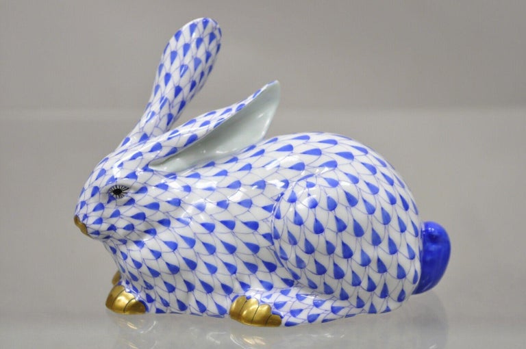 Herend Hungary 15335 Blue White Fishnet Porcelain Bunny Rabbit Laying ...