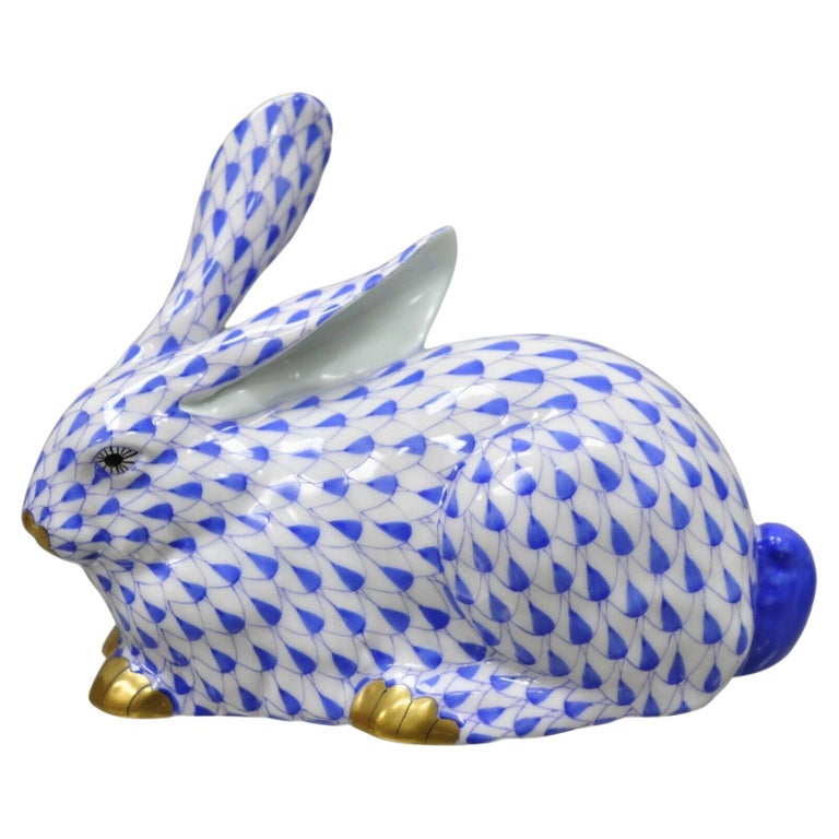 Herend Hungary 15335 Blue White Fishnet Porcelain Bunny Rabbit Laying ...