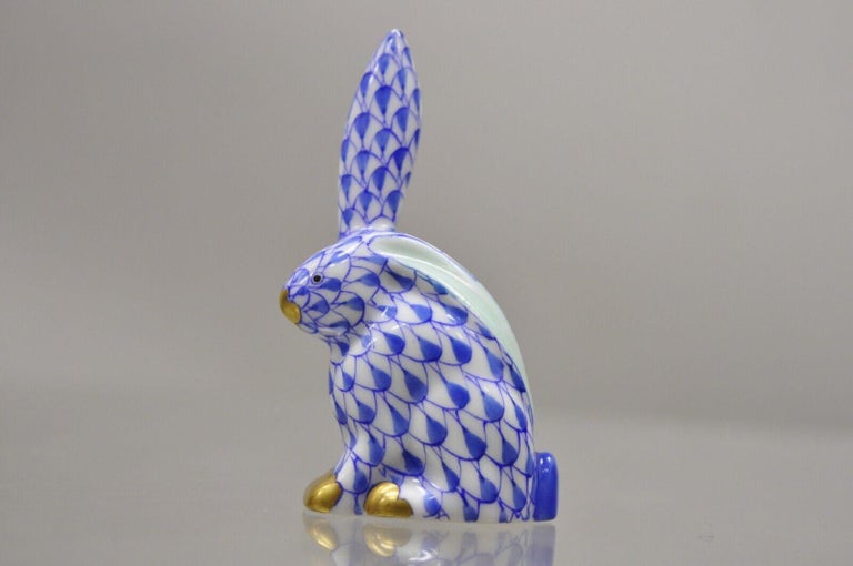 Herend Hungary Blue White Fishnet Porcelain One Ear Up Bunny Rabbit ...