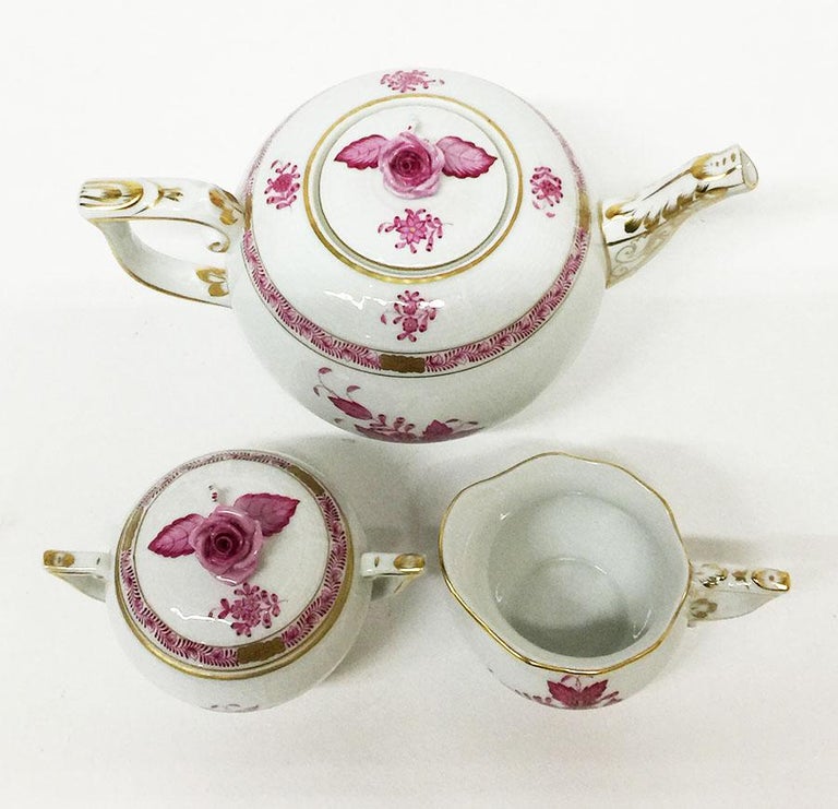 Herend Hungary Porcelain "Chinese Bouquet Raspberry" Tea Pot, Milk and ...