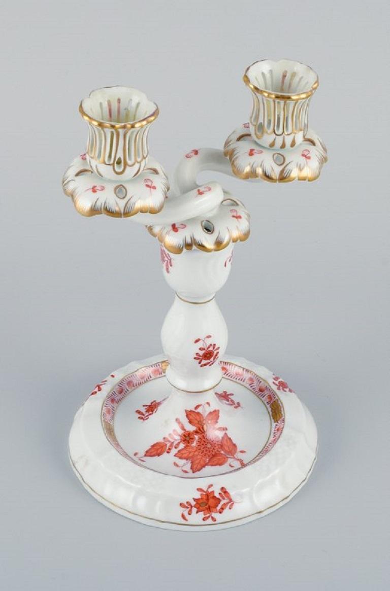 Herend, Hungary, Two-Armed Porcelain Footed Candlestick. Mid-20th Century For Sale at 1stDibs