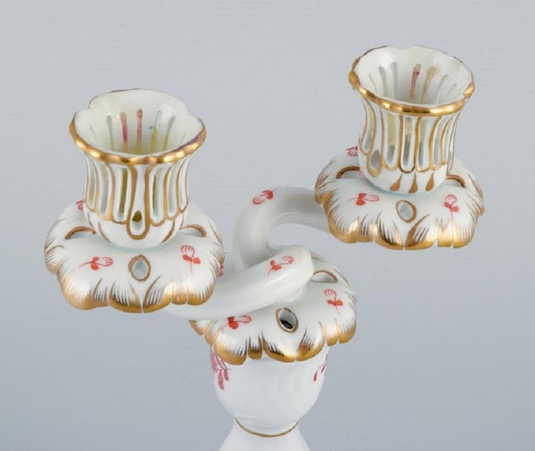 Herend, Hungary, Two-Armed Porcelain Footed Candlestick. Mid-20th Century For Sale at 1stDibs