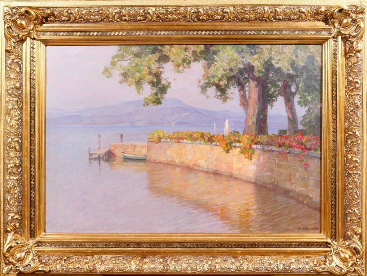 Hermann Göhler - Paysage lacustre, huile sur toile antique de Hermann ...